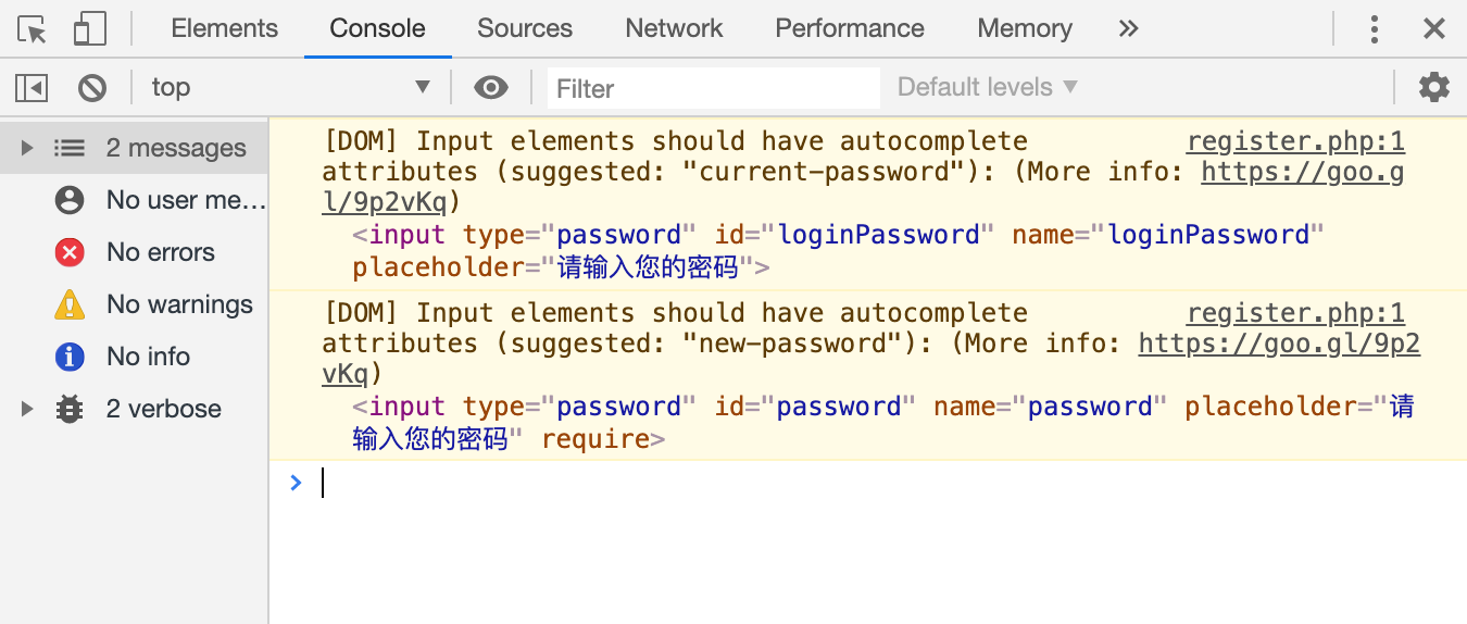 input警告： Input elements should have autocomplete attributes (suggested ...